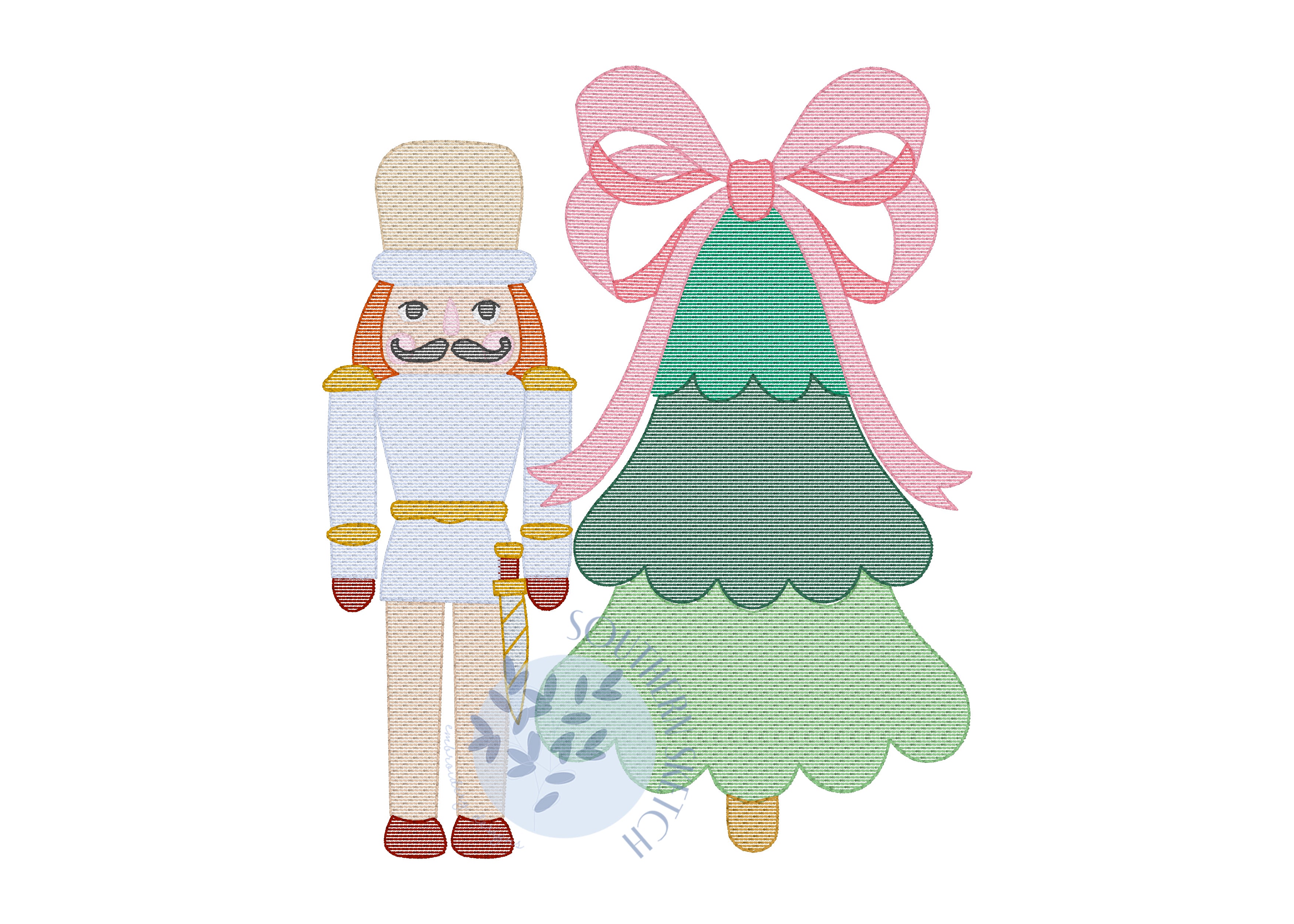 Nutcracker Bow Christmas Tree Machine Embroidery Design Sketch Light ...