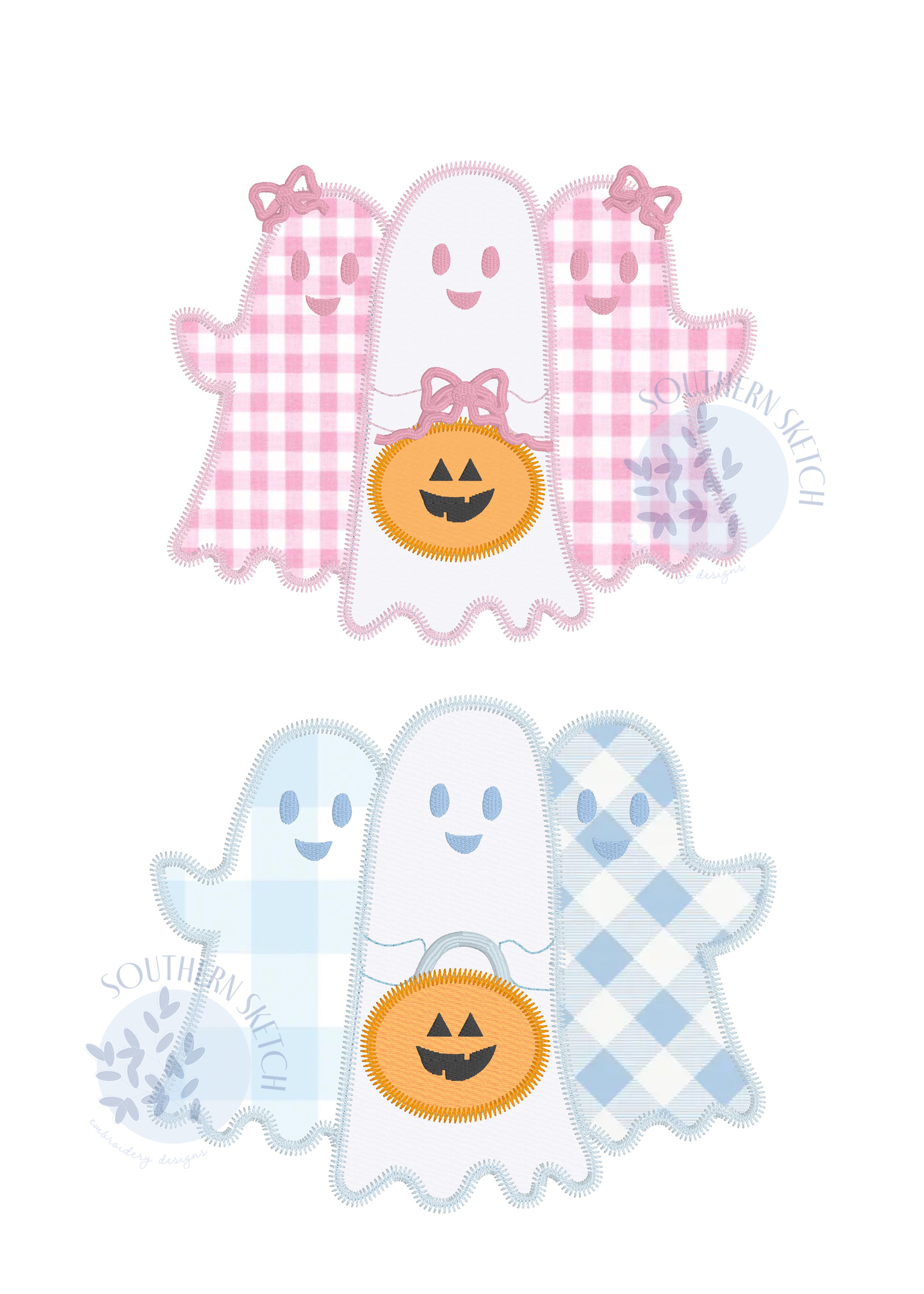 Applique Halloween Friendly Ghosts Zig Zag Stitch Machine Embroidery Design Boy Girl Bow Fall ...